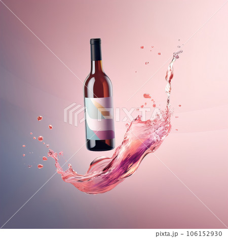 Bottle of rose wine floating in liquid splash....のイラスト素材 [106152930 ...