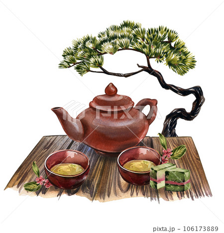 Asian teapot, ceramic bowl on table, bonsai...のイラスト素材 [106173889] - PIXTA