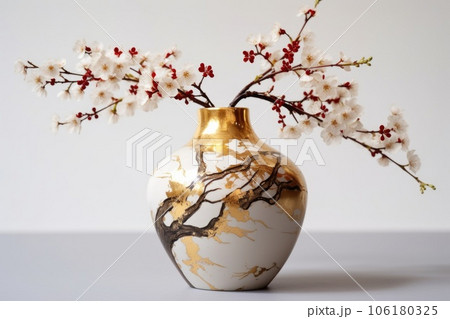 vintage kintsugi vase with cherry blossom branchesのイラスト vintage kintsugi vase with cherry blossom branchesのイラスト