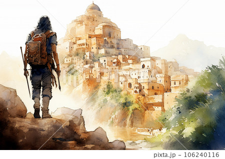 Backpacker man travels in historical city,...のイラスト素材 [106240116] - PIXTA
