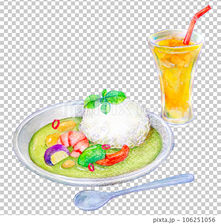 Green curry and mango lassi set watercolor... - Stock Illustration ...