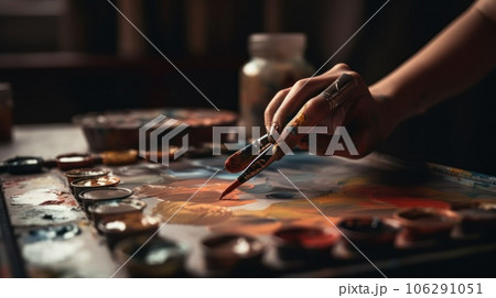 Artist Works on Oil Painting, Moving Paint...のイラスト素材 [106291051] - PIXTA