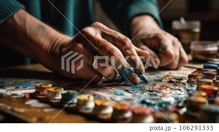 Artist Works on Oil Painting, Moving Paint...のイラスト素材 [106291333] - PIXTA