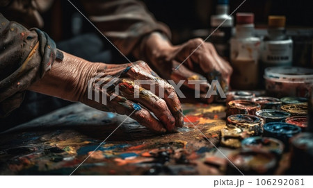 Artist Works on Oil Painting, Moving Paint...のイラスト素材 [106292081] - PIXTA