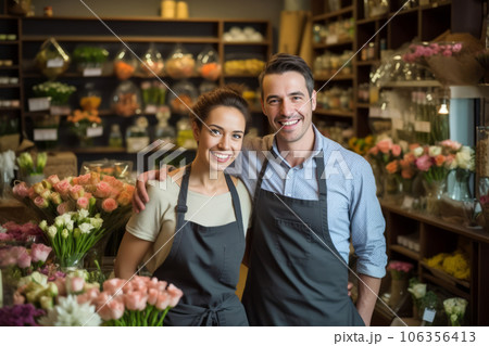 Happy Flower shop staff smiling and posing in...のイラスト素材 [106356413] - PIXTA