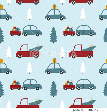 Seamless Christmas pattern with cars carrying...のイラスト素材 [106357997] - PIXTA