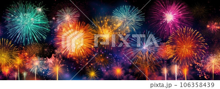 An explosion of colorful fireworks lighting up...のイラスト素材 [106358439 ...