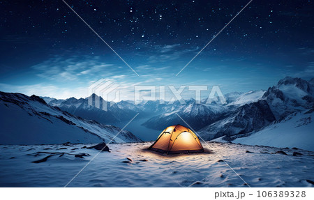 Illuminated tent in snowy mountains under a...のイラスト素材 [106389328] - PIXTA