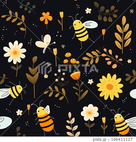 Cartoon bees and flowers backgroundのイラスト素材 [106411127] - PIXTA