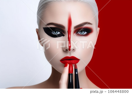 Beautiful woman with vivid red makeup. Fashion...のイラスト素材 [106448800 ...