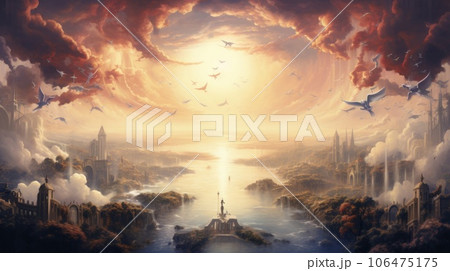 Fantasy landscape with lake and city in the...のイラスト素材 [106475175] - PIXTA