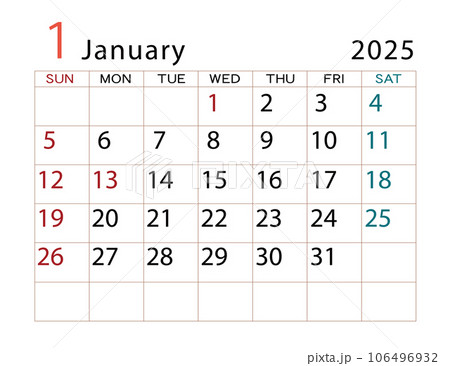 2025年カレンダー 1月のイラスト素材 [106496932] - PIXTA