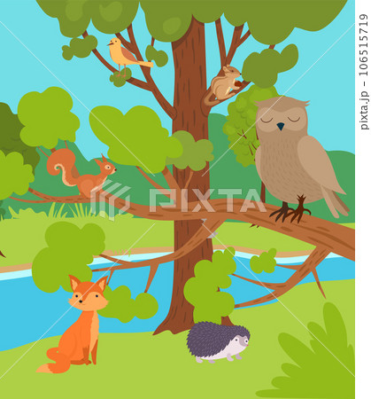 Cartoon Tree With Woodland Animals Vector Illustration Of Animals In