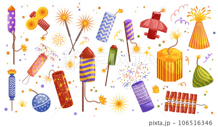 Fireworks And Pyrotechnics Set. Explosive...のイラスト素材 [106516346] - PIXTA