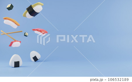 3D rendering falling sushi on blue background,...のイラスト素材 [106532189 ...