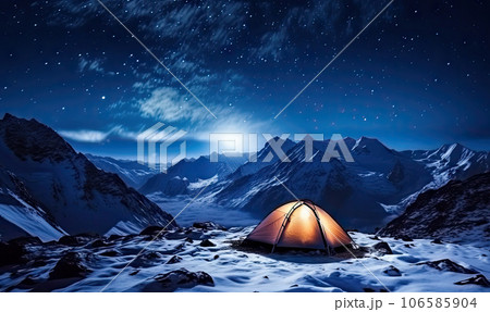 Illuminated tent in snowy mountains under a...のイラスト素材 [106585904] - PIXTA