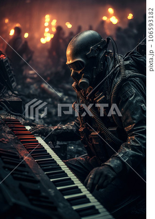 Man in gas mask plays piano on apocalyptic...のイラスト素材 [106593182] - PIXTA