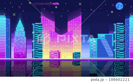 Night city landscape neon pixel background with...のイラスト素材 [106602221 ...