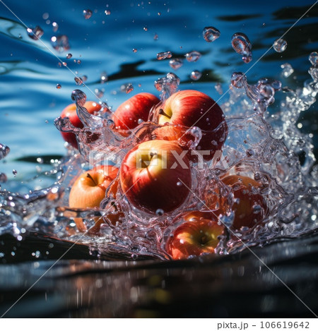 Red apples floating in the water with splashes....のイラスト素材 [106619642 ...