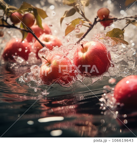 Red apples floating in the water with splashes....のイラスト素材 [106619643 ...