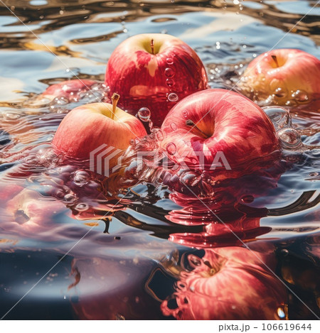 Red apples floating in the water with splashes....のイラスト素材 [106619644 ...