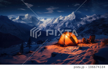 Illuminated tent in snowy mountains under a...のイラスト素材 [106674184] - PIXTA