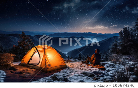 Illuminated tent in snowy mountains under a...のイラスト素材 [106674246] - PIXTA