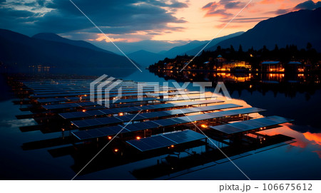floating solar farm on a serene lake,...のイラスト素材 [106675612] - PIXTA