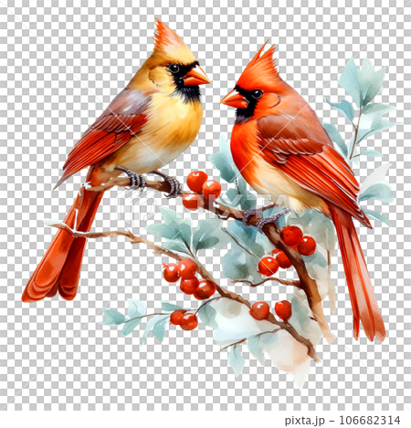 A Christmas red cardinals bird on holly branch... - Stock Illustration ...