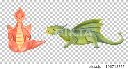 Orange and green Dragons doing yoga. Plank...のイラスト素材 [106718755] - PIXTA