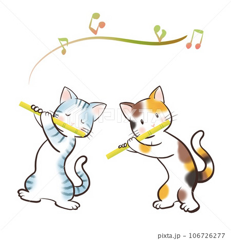 二匹の猫がフルートを演奏しているかわいいイラストのイラスト素材 [106726277] - PIXTA