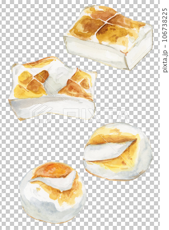 Hand-painted watercolor baked square mochi and... - Stock Illustration ...