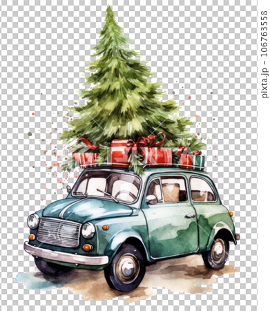 Retro car with Christmas tree - Stock Illustration [106763558] - PIXTA