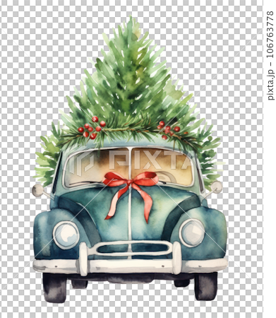 Retro car with Christmas tree - Stock Illustration [106763778] - PIXTA
