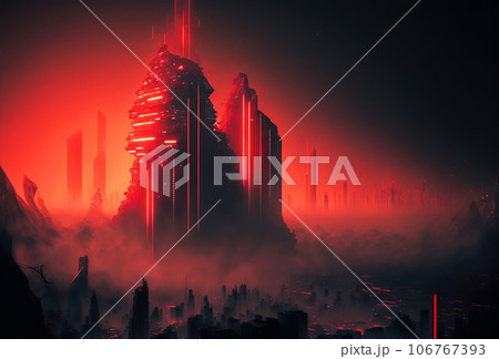 Skyline of cyberpunk red neon city at night....のイラスト素材 [106767393] - PIXTA