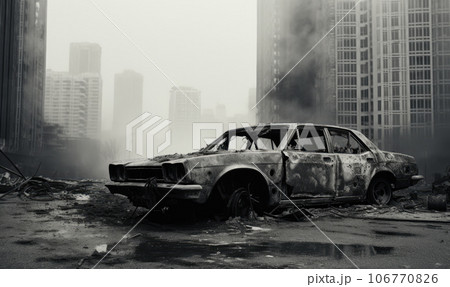 Burnt-out police car in an a city street...のイラスト素材 [106770826] - PIXTA