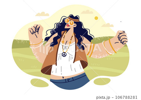 Dancing hippie woman with pacific sign,...のイラスト素材 [106788281] - PIXTA