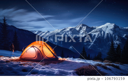 Illuminated tent in snowy mountains under a...のイラスト素材 [106793159] - PIXTA