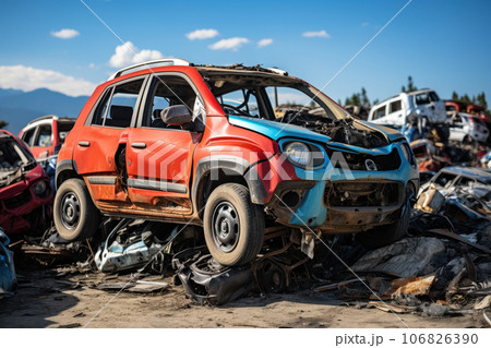 Crushed cars at a scrap yardのイラスト素材 [106826390] - PIXTA