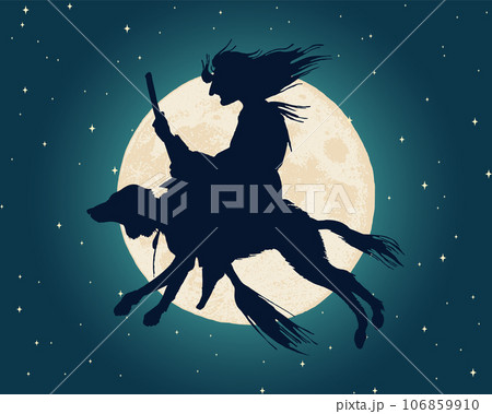 Witch flying over the moon in the night sky....のイラスト素材 [106859910] - PIXTA