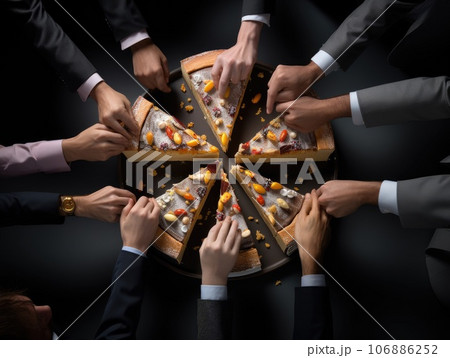 many hands reaching to grab a slice of cake. AI...のイラスト素材 [106886252 ...