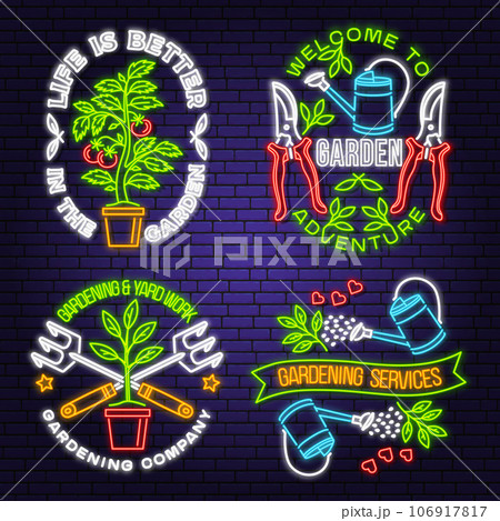 Set of gardening services neon emblem, label,...のイラスト素材 [106917817] - PIXTA