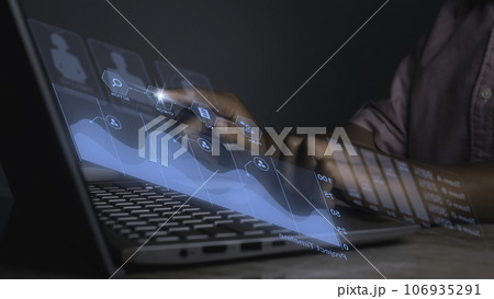 Business analysis, Analyst working Data Management System on computer ...