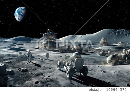 Futuristic scene of humans building first lunar...のイラスト素材 [106944573 ...