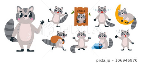 Cartoon flat raccoon character. Careless funny...のイラスト素材 [106946970 ...