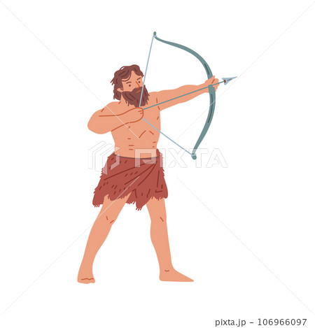 Prehistoric stone age man hunting with bow and...のイラスト素材 [106966097 ...