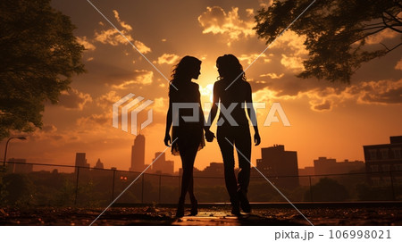 Lesbian Lover Couple Holding Hands in Warm...のイラスト素材 [106998021] - PIXTA