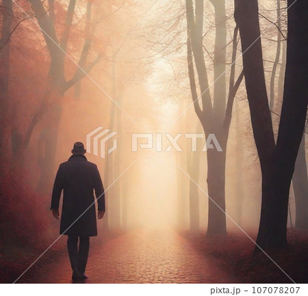 background with man walks in the mistのイラスト素材 [107078207] - PIXTA
