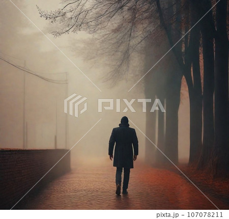 background with man walks in the mistのイラスト素材 [107078211] - PIXTA