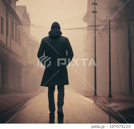 background with man walks in the mistのイラスト素材 [107078220] - PIXTA